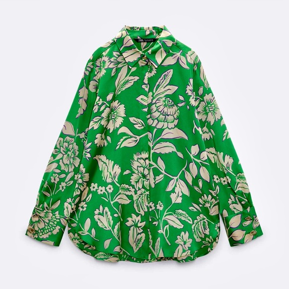 Zara | Tops | Zara Green Floral Printed Satin Shirt | Poshmark